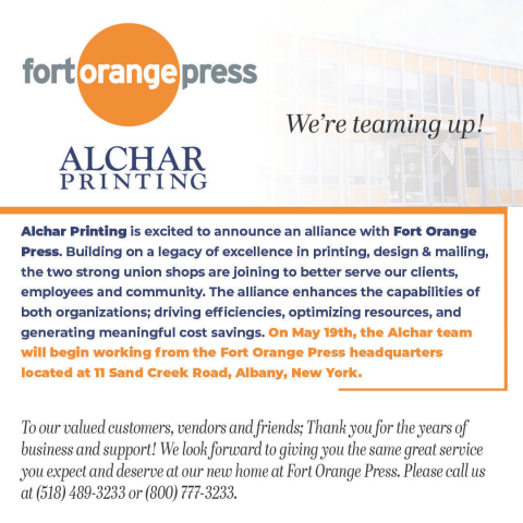 Alchar Printing and Fort Orange Press are Teaming Up! | Rensselaer ...